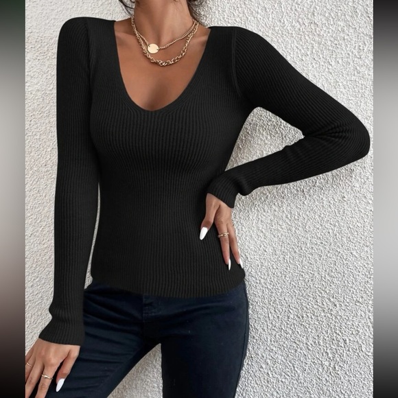 Sweaters | Cozy Black Ribbed Knit V Neck Sweater Top | Poshmark